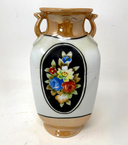 Vintage Japan Lusterware Ceramic Vase 7.5 in Floral Gold Double Handle ...