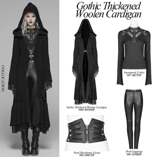 PUNK RAVE GothicThick Woolen Cardigan Retro Hooded Sweater Witch ...