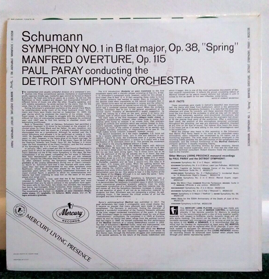 Schumann, Paul Paray - Spring Symphony, Vinyl 1959 Classical - Mercury Living | eBay