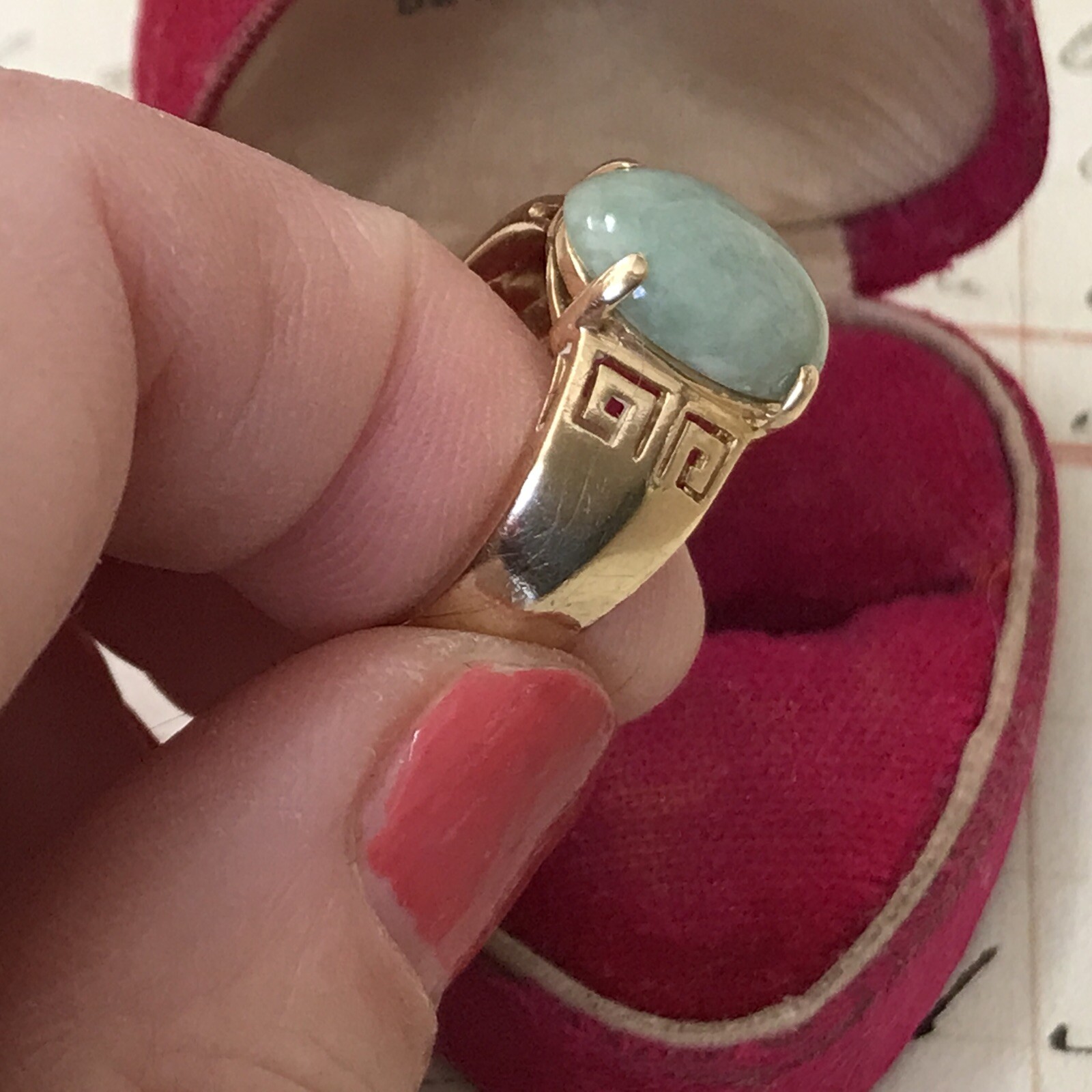 14K Imperial Jade Greek Key Design Ring Hallmarked - Gem