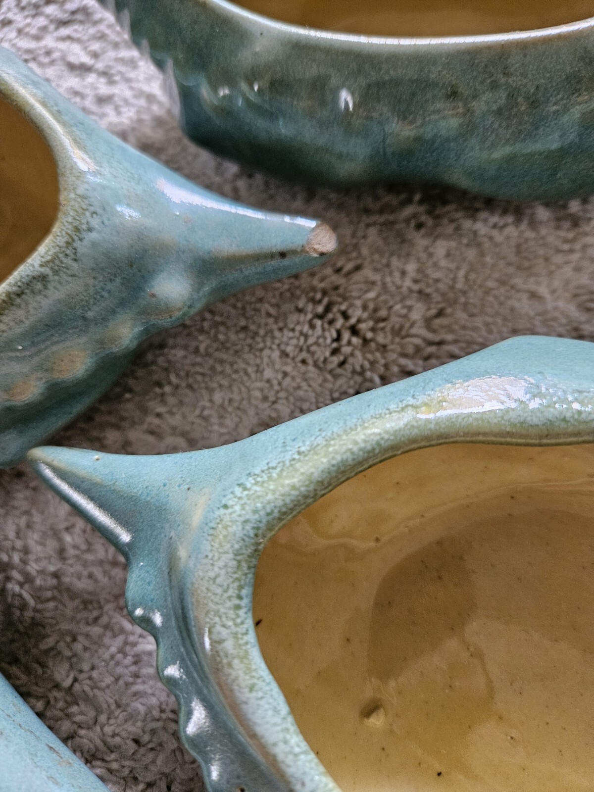 Vintage Pottery Crab Shell Dip Bowls Turquiose Yelliw Brysh McCoy Thick ...