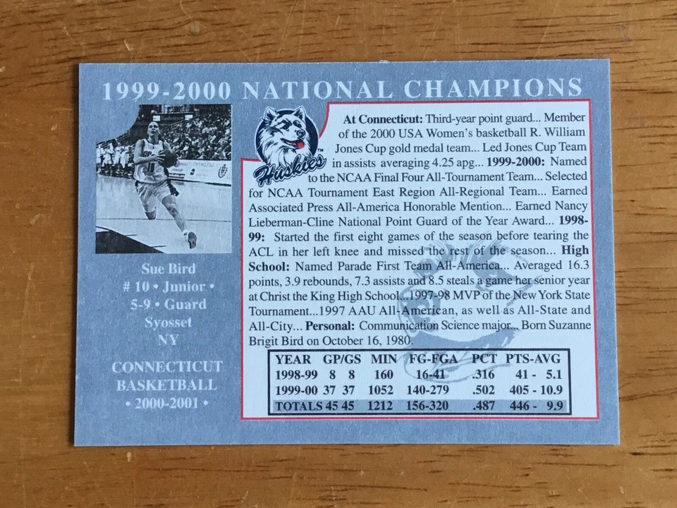 Sue Bird University Connecticut UCONN 2000 Basketball Team Set Rookie ...