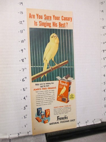newspaper ad 1956 FRENCH'S bird seed box parakeet cage canary singing ...