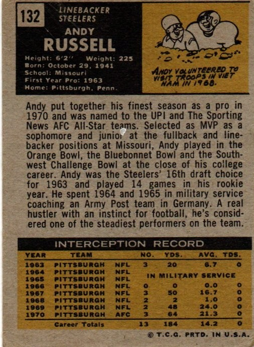 1971 TOPPS Vintage Football Sports Card #132 - ANDY RUSSELL, Pittsburgh ...
