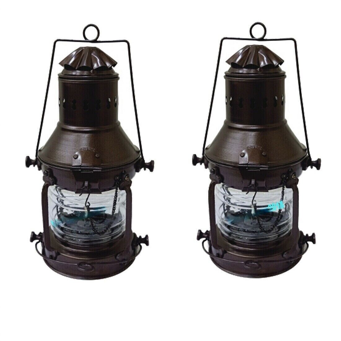 Set Of 2 Pcs Nautical Lantern Boat Light Maritime Ship Brass Anchor Oil ...
