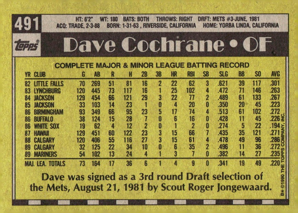 1990 Topps #491 Dave Cochrane - Seattle Mariners | eBay