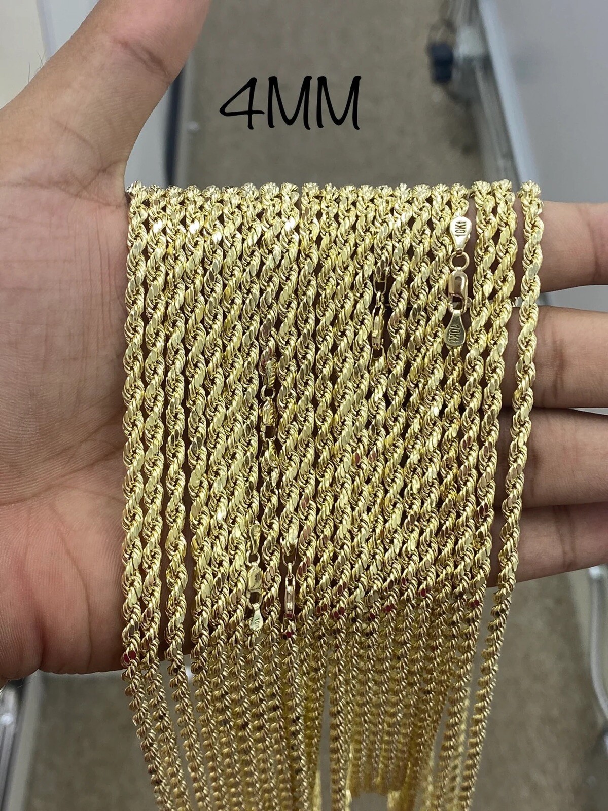 10KT Solid Gold Diamond Cut Hollow Rope Chain 3MM/4MM/5MM/6MM 16"-26" | eBay