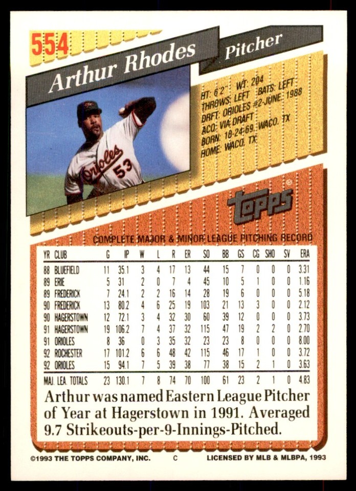 1993 Topps Gold Arthur Rhodes . Baltimore Orioles #554 | eBay