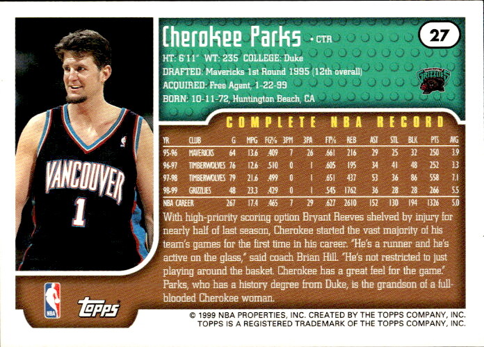 1999-00 Topps Cherokee Parks 27 Vancouver Grizzlies | eBay