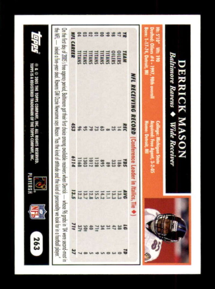 2005 Topps #263 Derrick Mason NM/NM+ Ravens 242306 | eBay