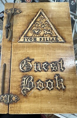 Vtg Masonic Job's Daughters Wood Cover Guest Book Raised IYOB FILIAE ...