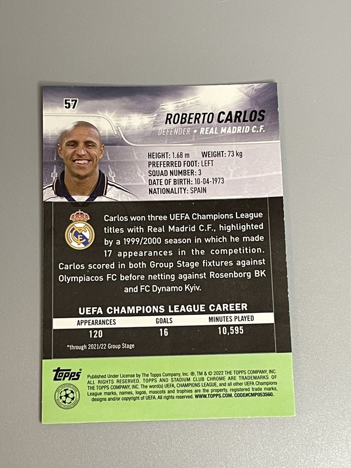 Roberto Carlos 2021-22 Stadium Club Chrome UCL Blue Prism Refractor ...