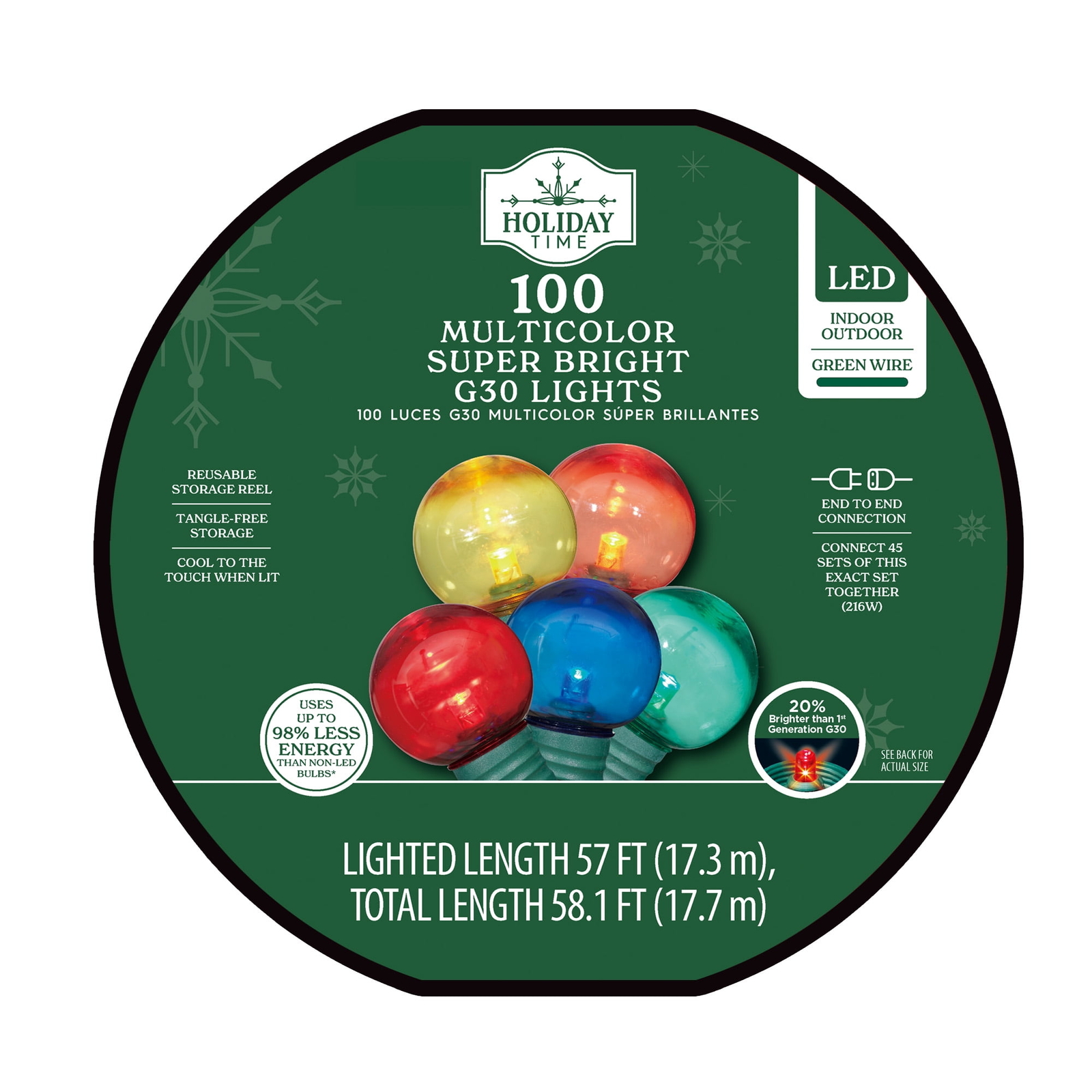 Holiday Time 57 FT 100 Count Multicolor LED Super Bright G30 Christmas ...