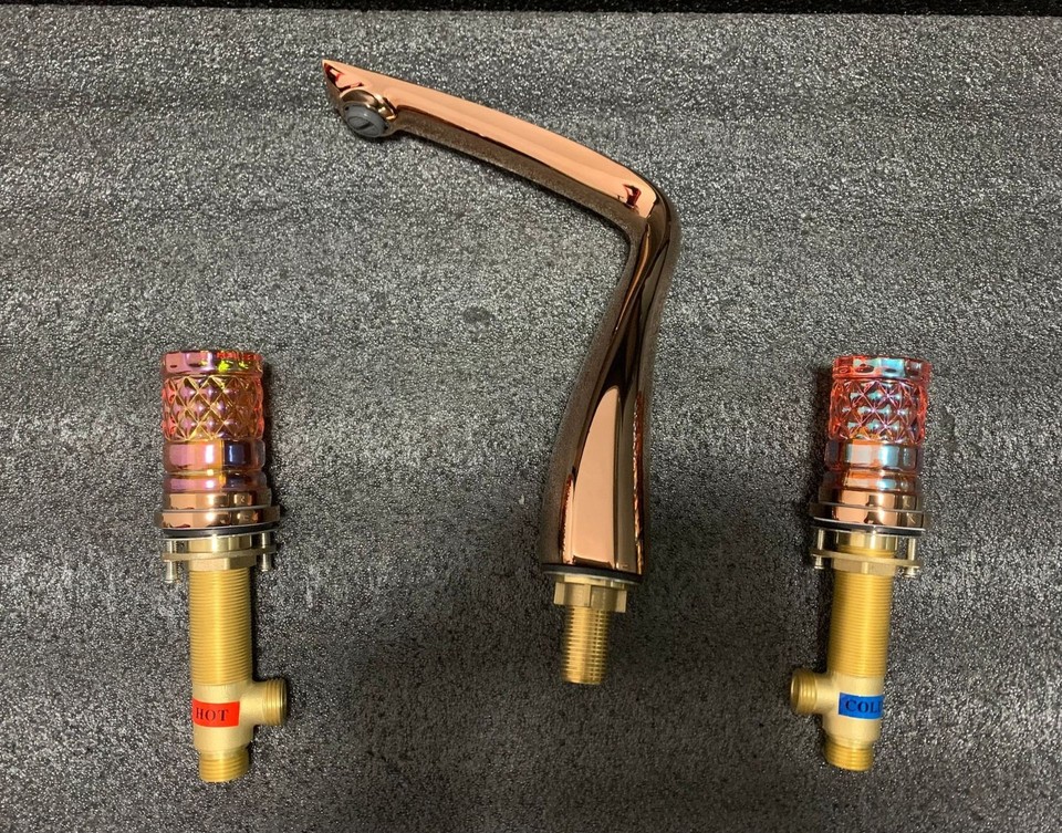 Rose Gold Widespread 3 Holes washbasin Sink Crystal Faucet Tap deck ...
