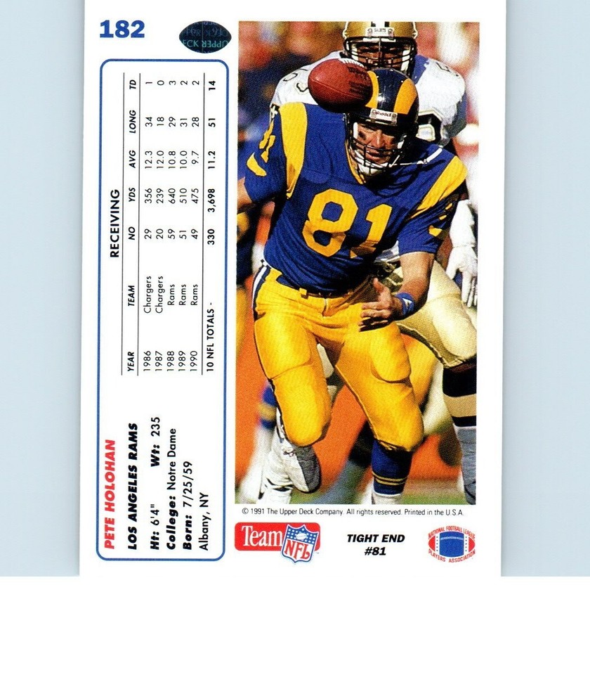 Pete Holohan 182 Rams 1991 Upper Deck NFL Football Trading Card | eBay