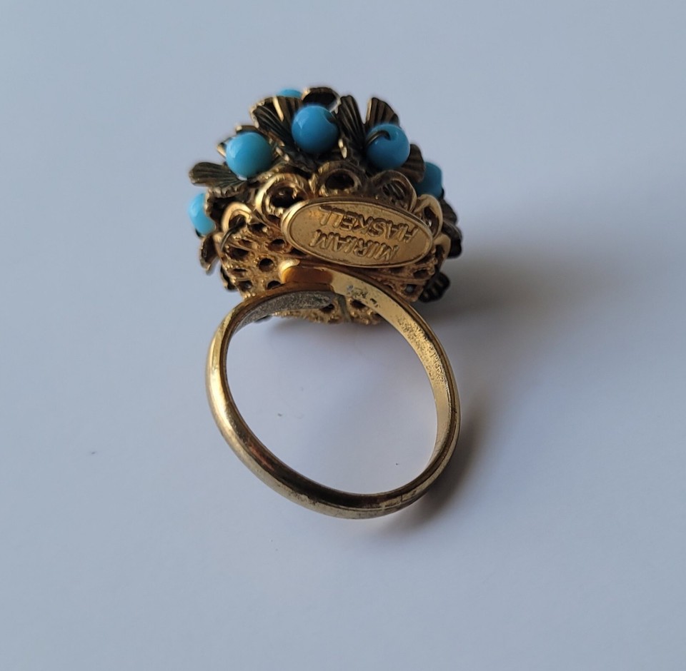RAREST SIGNED MIRIAM HASKELL TURQUOISE BEAD DOME GOLD TONE COSTUME RING ...