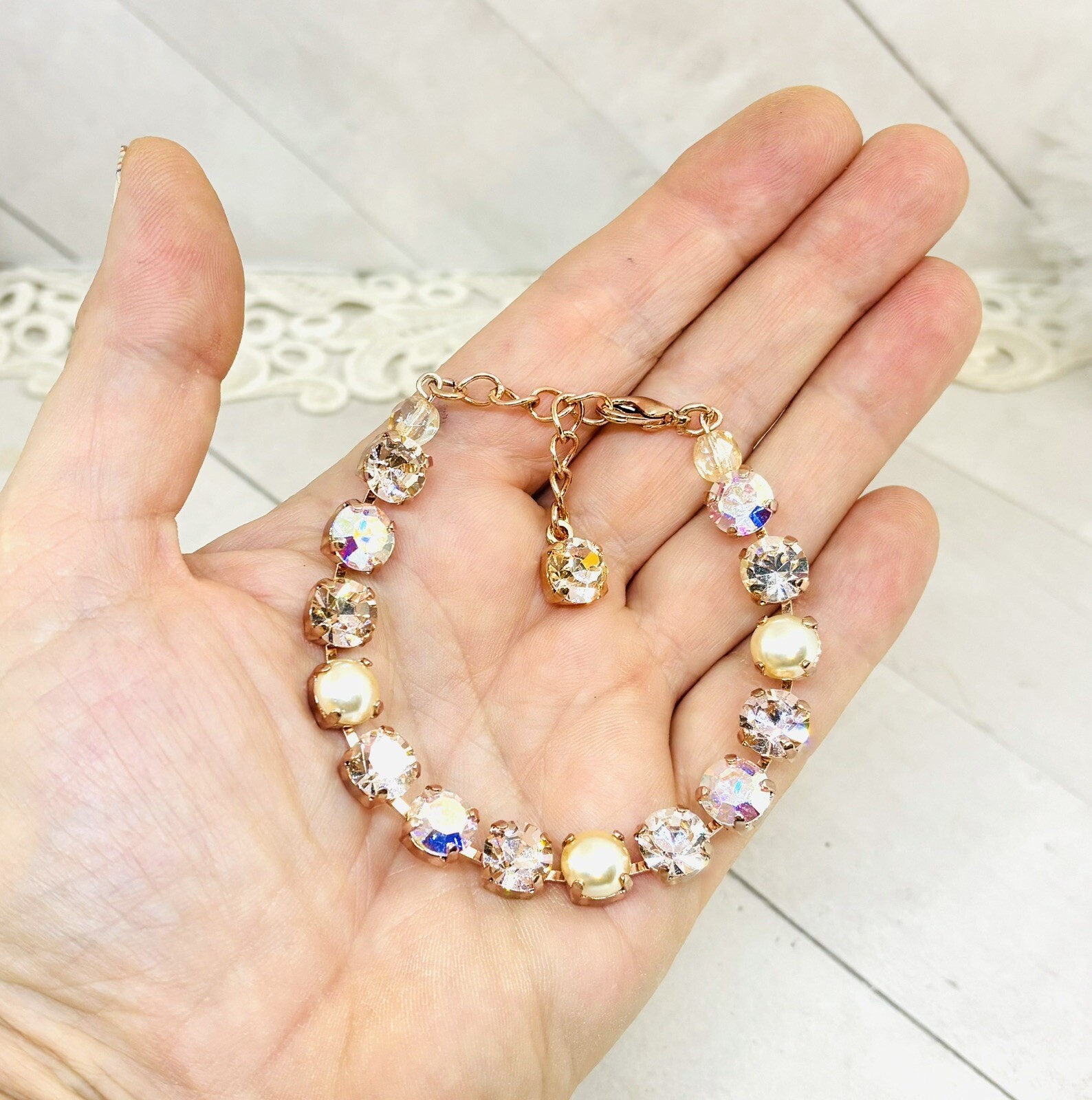 Pink Rose Gold Plated Creamy Pearl and Crystal AB Cup Chain Bracelet | eBay