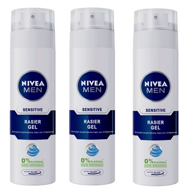 3x 200ml Nivea Men Rasiergel Sensitive 0% Alkohol Kein Brennen Rasur ...