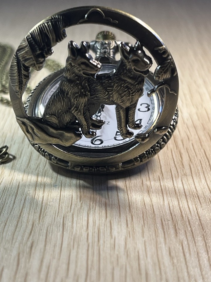 Wolf Pocket Watch Quartz Bronze Tone Open Face w/ Chain Raised Wolf ...