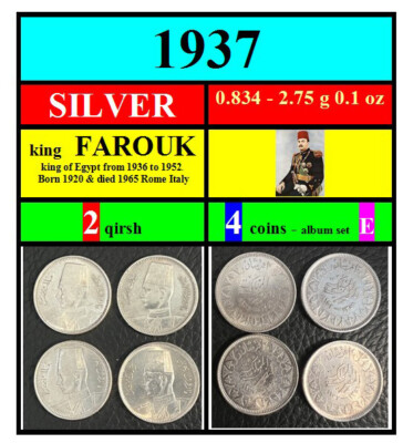 EGYPT coins-1937-SILVER-king FAROUK-2 qirsh-4 coins-lot E-old album ...