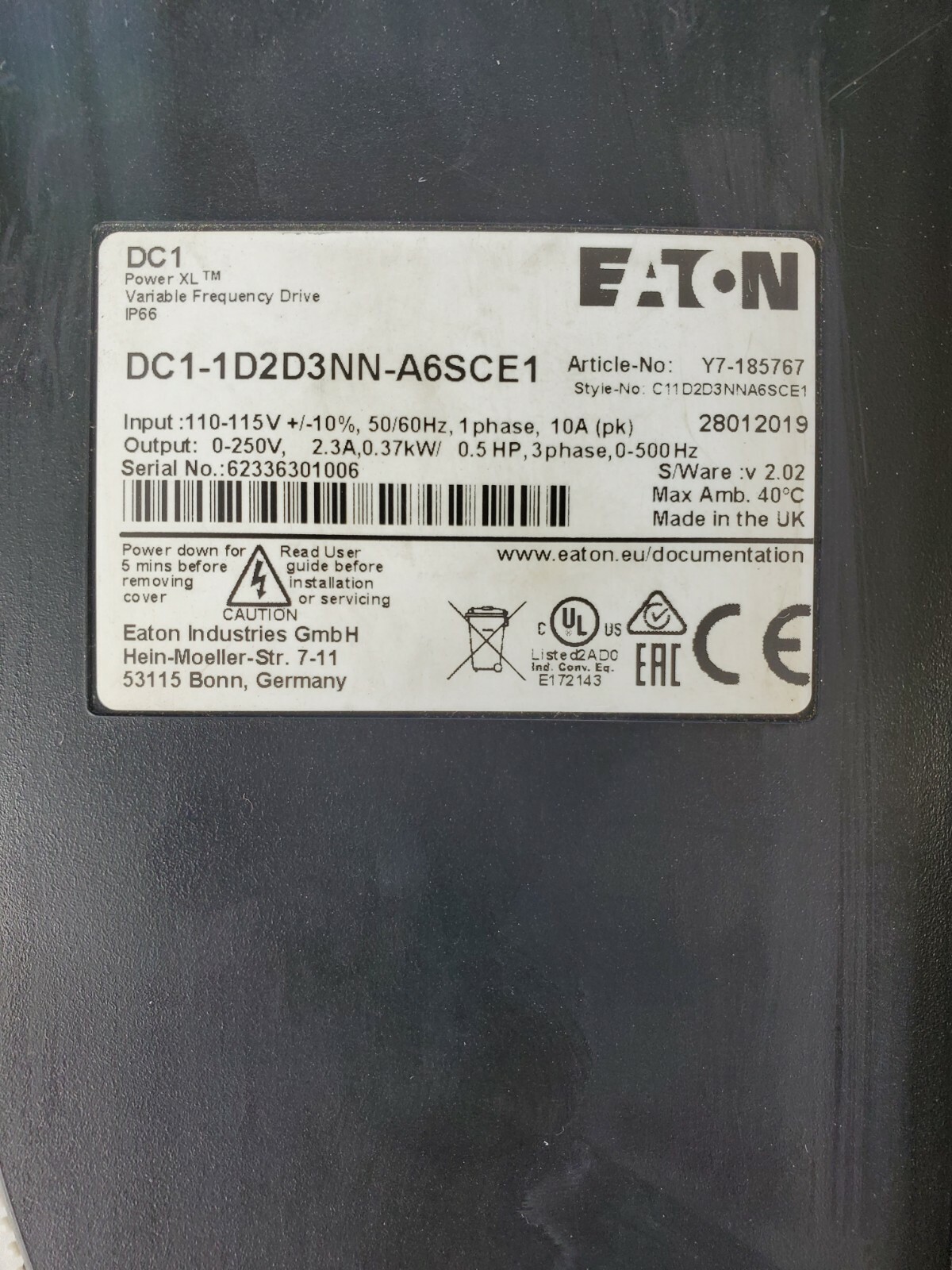 EATON DC1-1D2D3NN-A6SCE1 POWER XL VARIABLE FREQUENCY DRIVE 0.5 HP 2.3 A ...