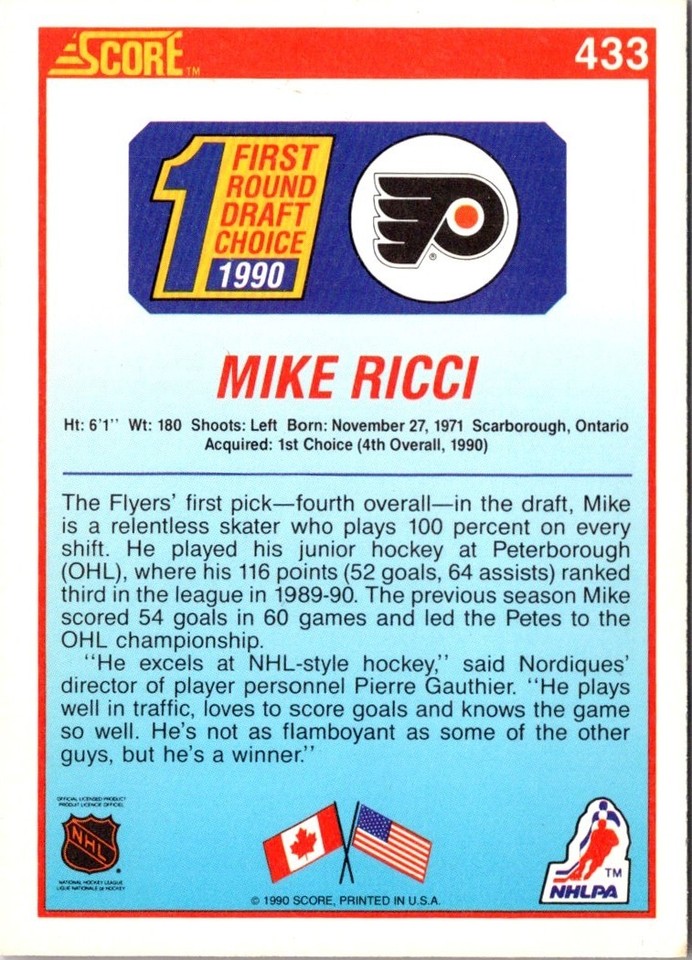 1990 Score Mike Ricci #433 Philadelphia Flyers Hockey Card | eBay
