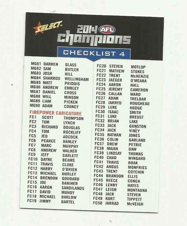 2014 AFL SELECT CHAMPIONS CHECKLIST # 4 CARD | eBay