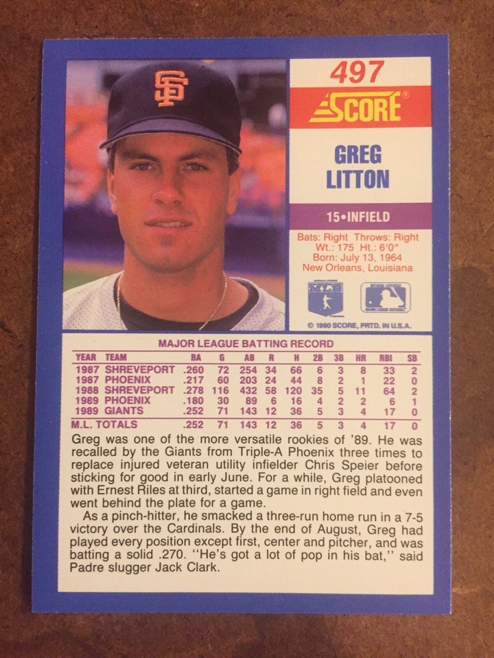 Greg Litton 497 Score 1990 MLB Baseball Trading Card | eBay