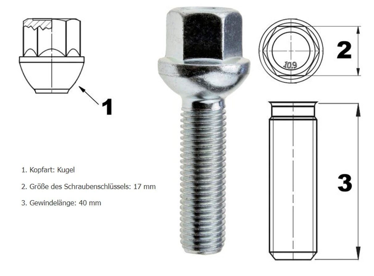 20 Radschrauben M12 40mm Kugel SW17 Radbolzen Alufelgen Stahlfelgen für ...