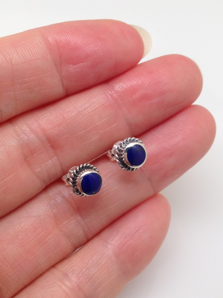Blue Lapis Stud Earrings Round 925 Sterling Silver Small Studs 6.5mm/4 ...