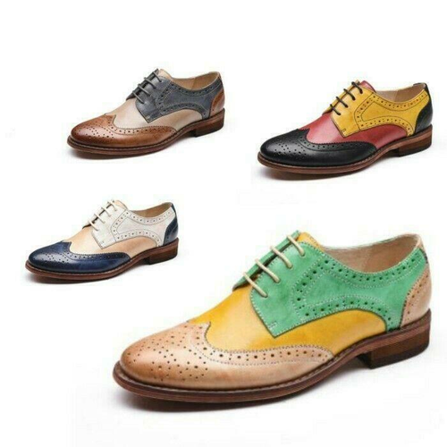 Womens British Mixed-colored Brogues Wingtip Real Leather Lace up ...