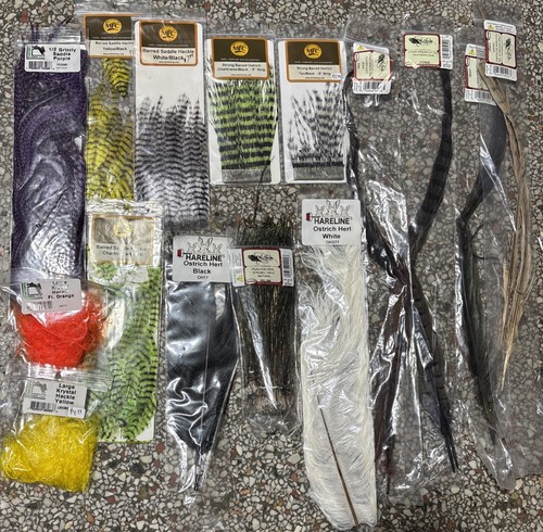 Lot 15 Hareline Grizzly Saddle Hackle Wapsi Ringneck Tail, Ostrich Herl ...