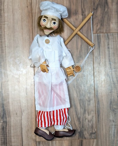 VTG 16" Wooden Puppet Carved Chef w Spoon Pull String Marionette Folk ...