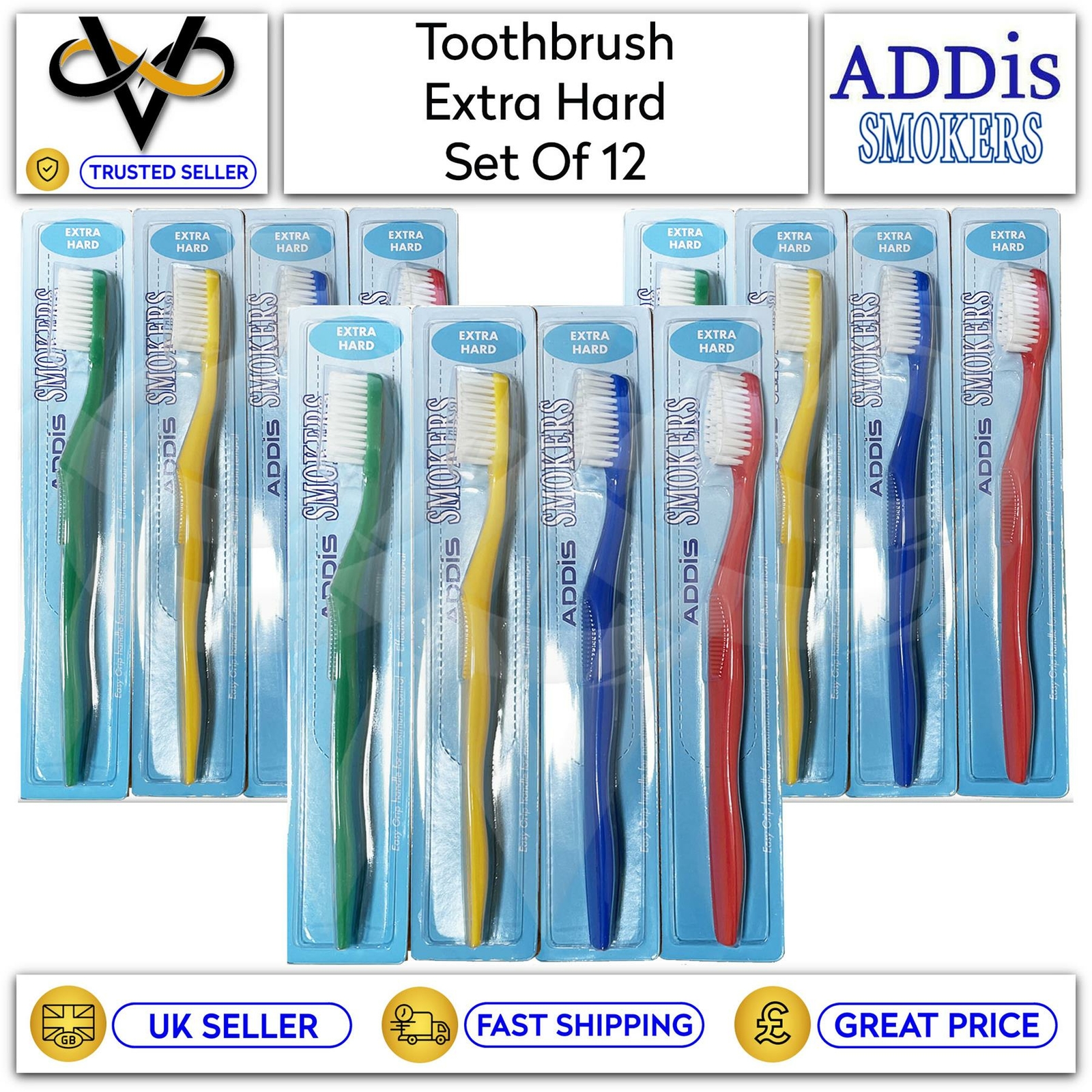12 x Addis Smokers Extra Hard Toothbrush Effective Stains And Tobacco ...