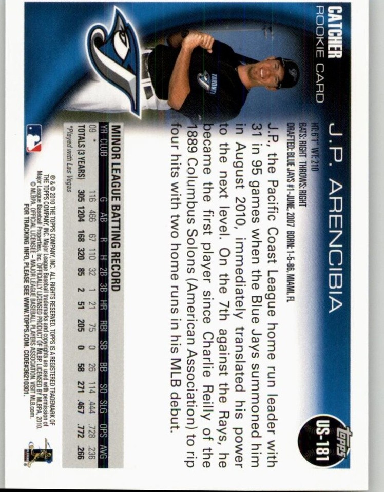 2010 Topps Update J.P. Arencibia Rookie #US-181 RC Toronto Blue Jays | eBay