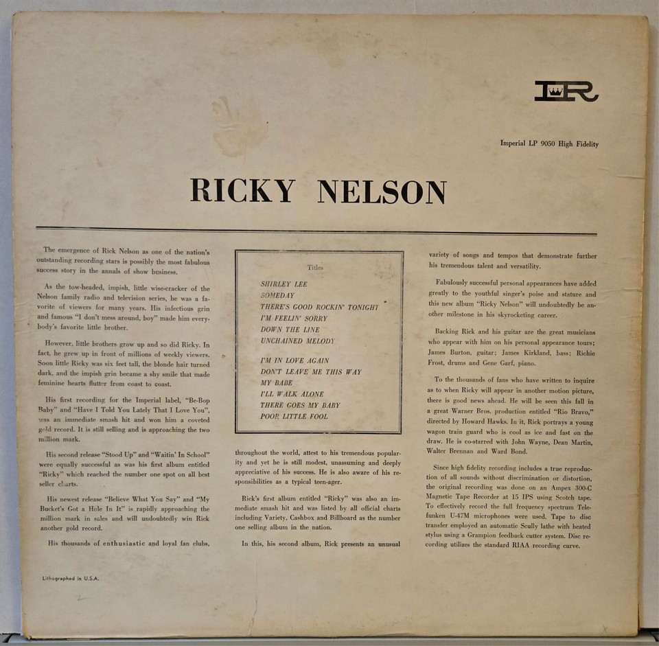 Ricky Nelson Self-Titled LP Record 1958 MONO Imperial LP9050 "Poor ...