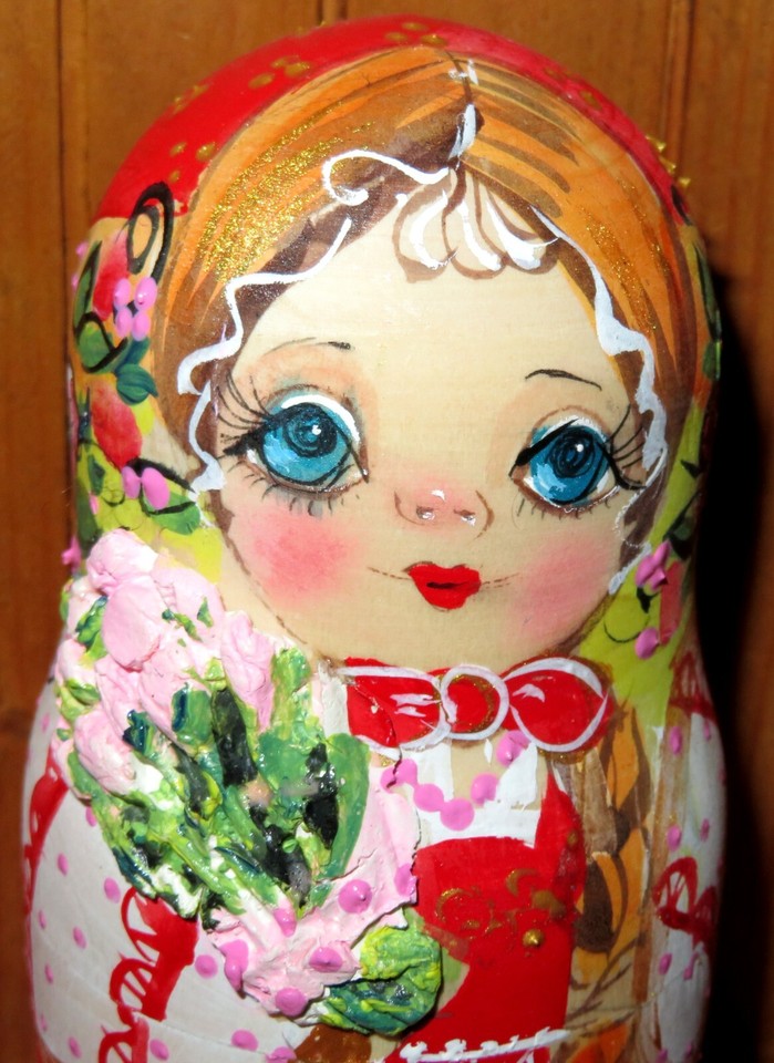 RED Pyrography Matryoshka Flowers MATT Nesting dolls HAND PAINTED 5 ...