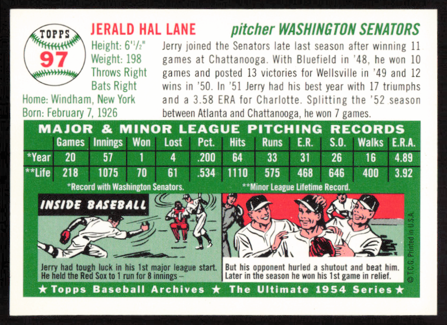 1994 Topps Archives The Ultimate 1954 Set - #97 Jerry Lane (RC) | eBay