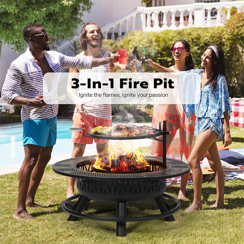 35'' Outdoor Wood Burning Round Fire Pit Barbecue Pit BBQ Backyard ...