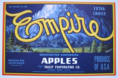 Original EMPIRE apple crate label Valley Evaporating Co Yakima Cowiche ...