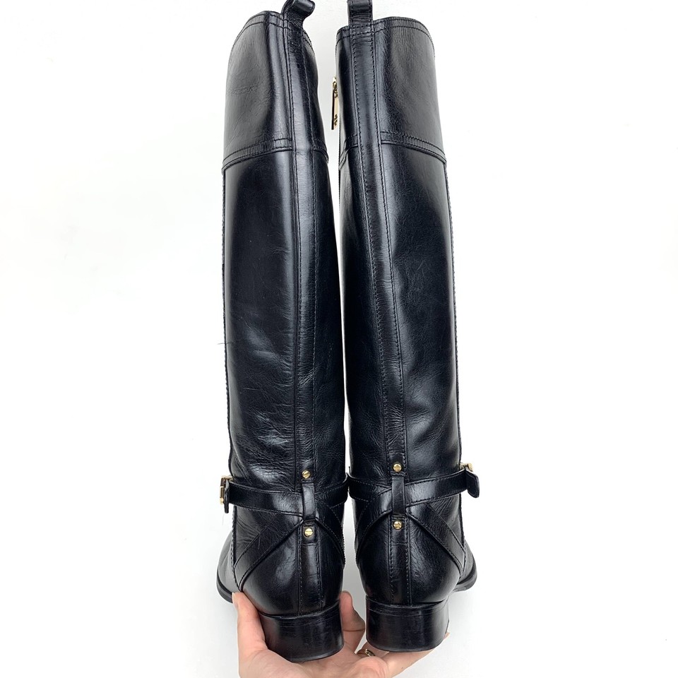 Tory Burch Boots Tall Leather Riding Equestrian Black Brita Knee High ...