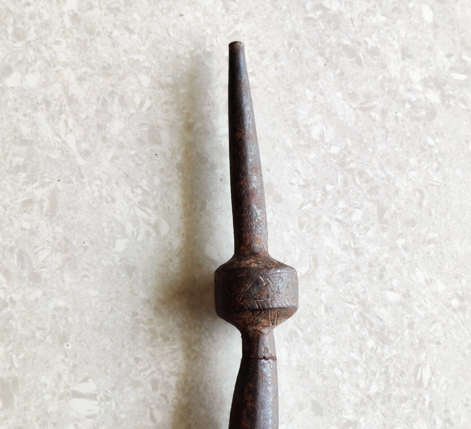 19c Vintage Hand Carved Melon Iron Spear Head End Lance Old Collectible ...