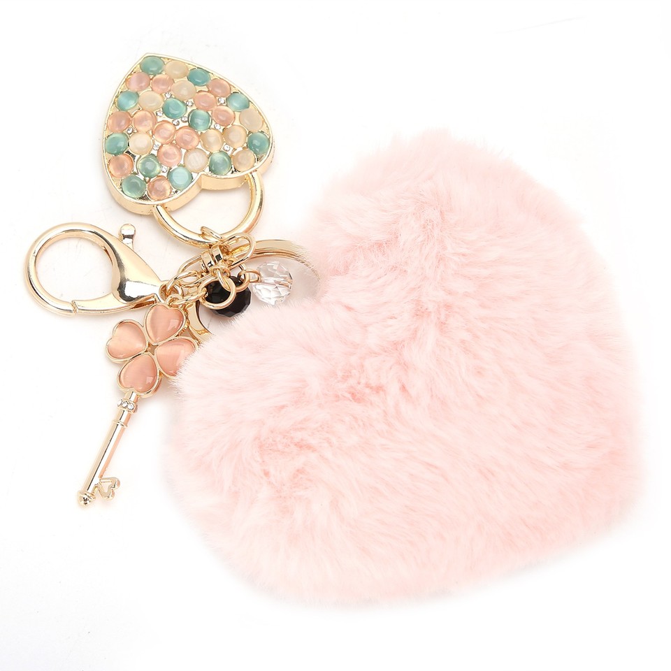 (pink+colorful) Heart Shaped Fluffy Plush Keychain Cute Bag Pendant For ...