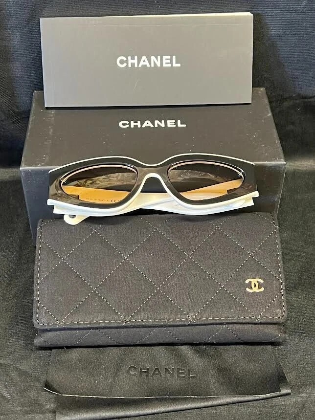 Chanel CH 6056 Black White Cat Eye Sunglasses CC Logo New Italy | eBay