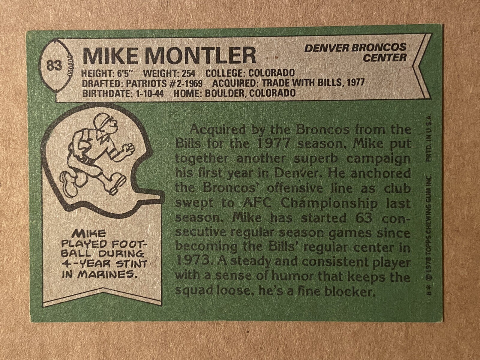 MIKE MONTLER Signed 1978 Topps #83 Broncos Colorado Buffaloes Autograph ...