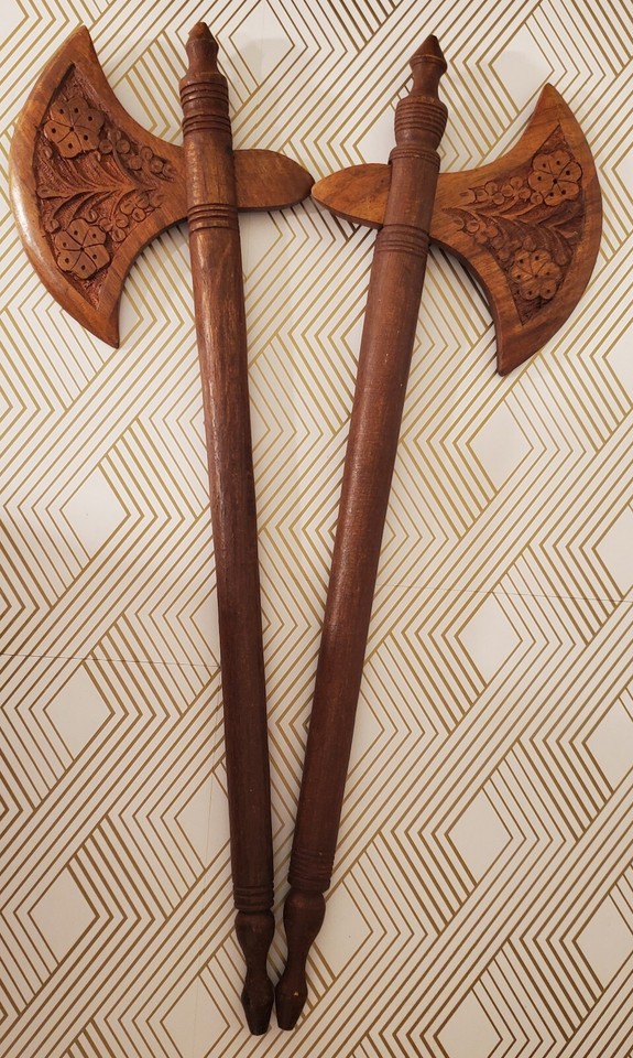 2 Vintage Ornate Carved Wood Axe Decorative Wooden Persian Style Axes ...