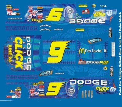 #9 Kasey Kahne Click Dodge 2006 1/64th Scale Nascar Waterslide Decals ...