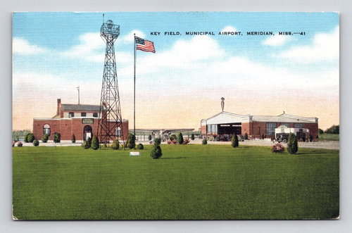 Key Field Airport Meridian Mississippi MS Aviation Flag View 1950 Linen ...
