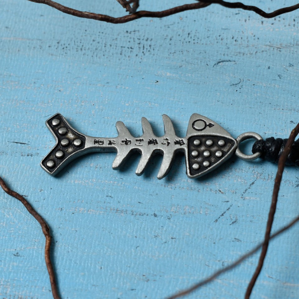 Chinese Text Fish Skeleton Silver Pewter Charm Necklace Pendant Jewelry ...