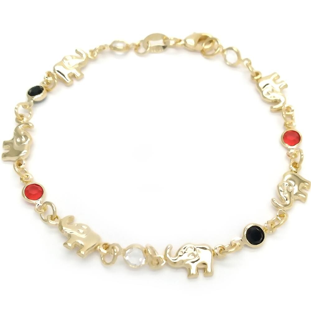 14K GOLD PLATED 7" BRACELET W/ ELEPHANTS LINKED TO RED AND BLACK ...